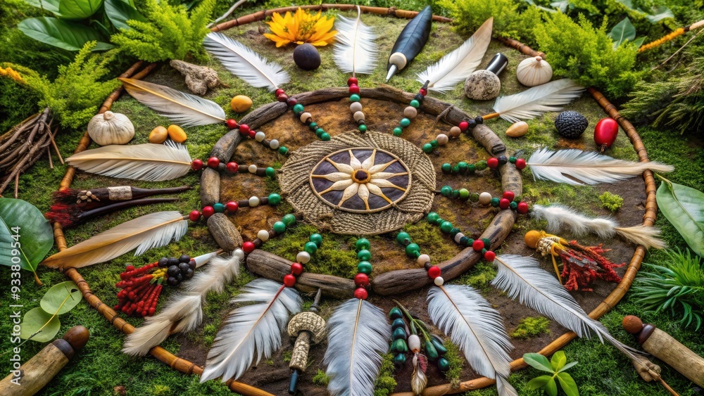 Traditional Native American medicine wheel made of feathers, beads, and ...
