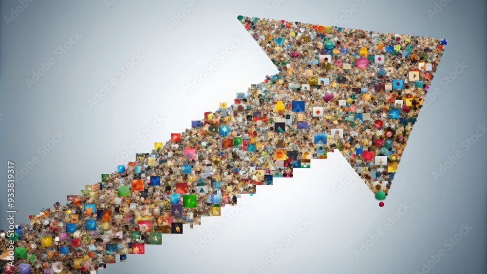 Upward pointing arrow made up of scattered verbs in a creative collage ...