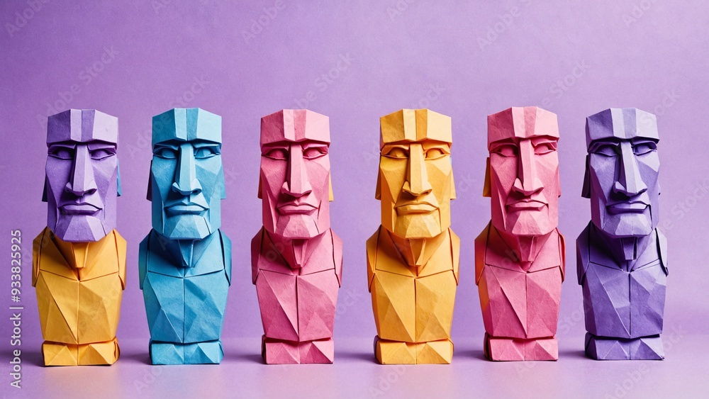 Origami Moai Statues on a pastel lavender background with room for ...