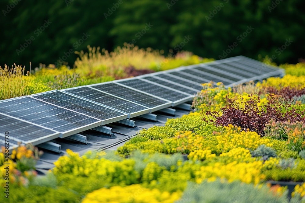 Solar panels on green roof with sedum plants, eco-friendly energ Stock ...