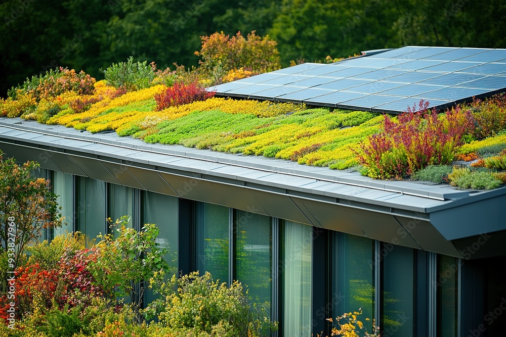 Eco-friendly green roof with solar panels and plants Stock Photo ...