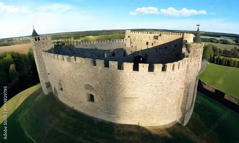 Medieval Majesty: An aerial panorama of a majestic medieval castle, its ...