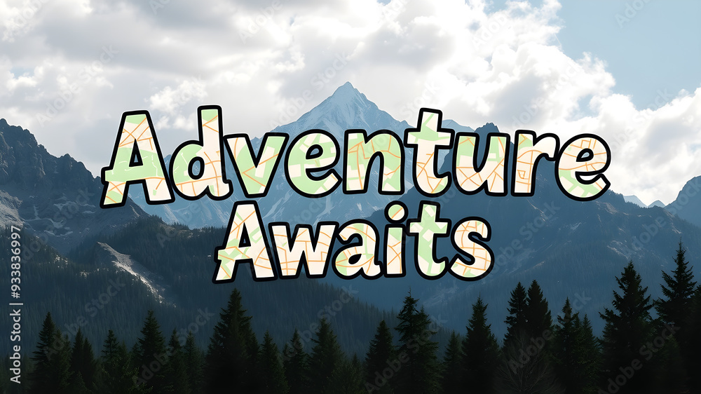 “Adventure Awaits” text in a fun, map-themed font over mountains and ...