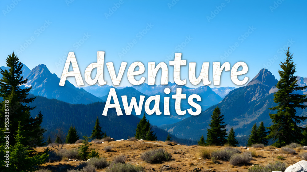 “Adventure Awaits” text in a fun, map-themed font over mountains and ...