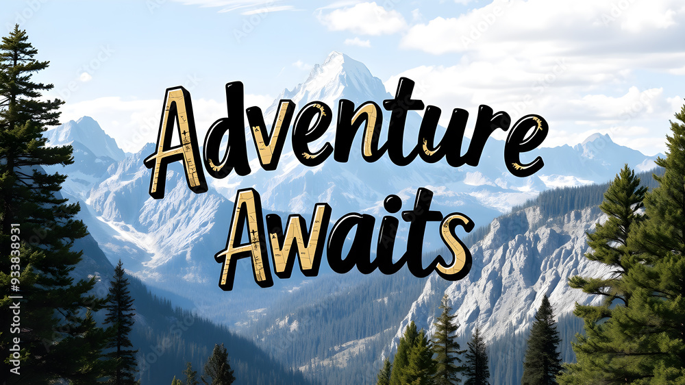 “Adventure Awaits” text in a fun, map-themed font over mountains and ...