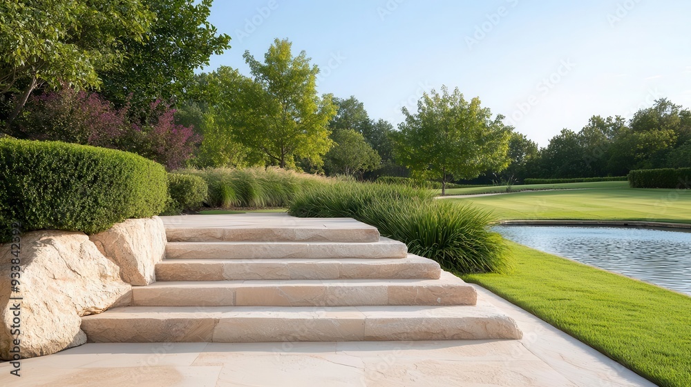 Lush garden with tiered terraces and water features, showcasing ...