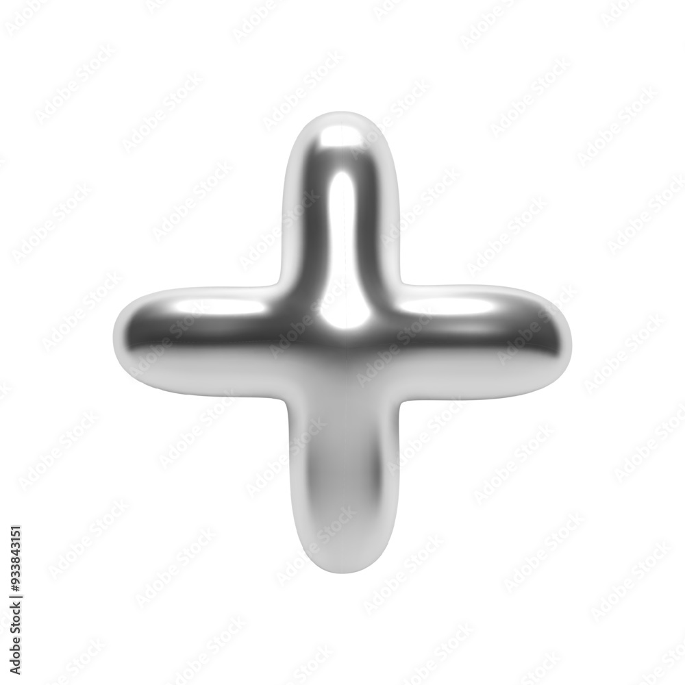 3D chrome plus symbol in Y2K bubble futuristic style. Shiny silver ...