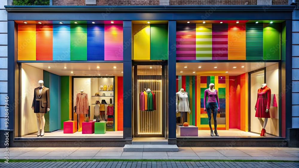Vibrant colorblocked fabrics adorn a trendy boutique storefront ...