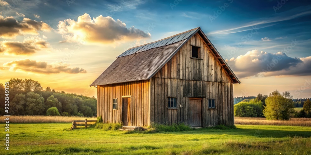Rustic small wooden barn house with a pitched roof in a countryside ...