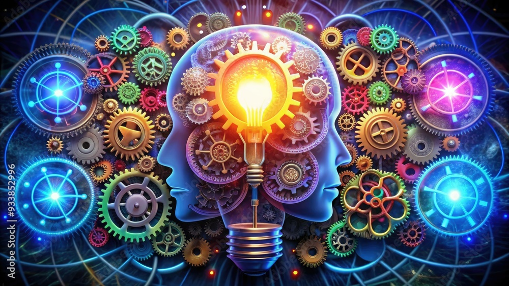 Vibrant colorful gears and lightbulbs surround a glowing human brain, symbolizing innovative ...