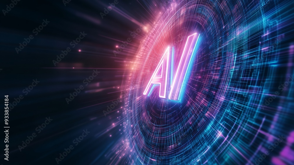 Glowing AI logo in a futuristic digital landscape with neon lights and ...