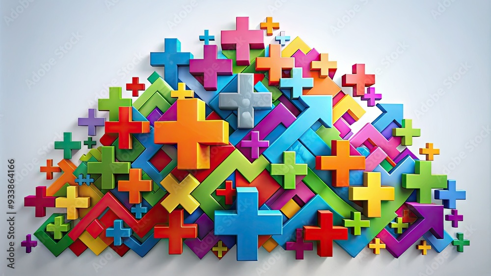 Colorful overlapping plus signs and logos in various shapes and sizes ...