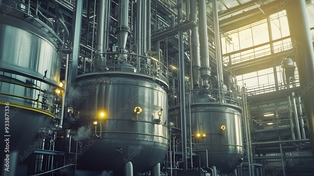 Large chemical reaction vessels actively processing various substances ...