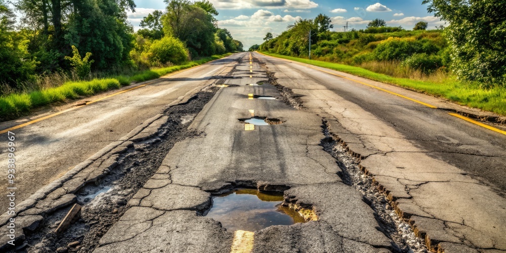 Damaged and worn-out asphalt road with deep potholes and cracks, faded ...