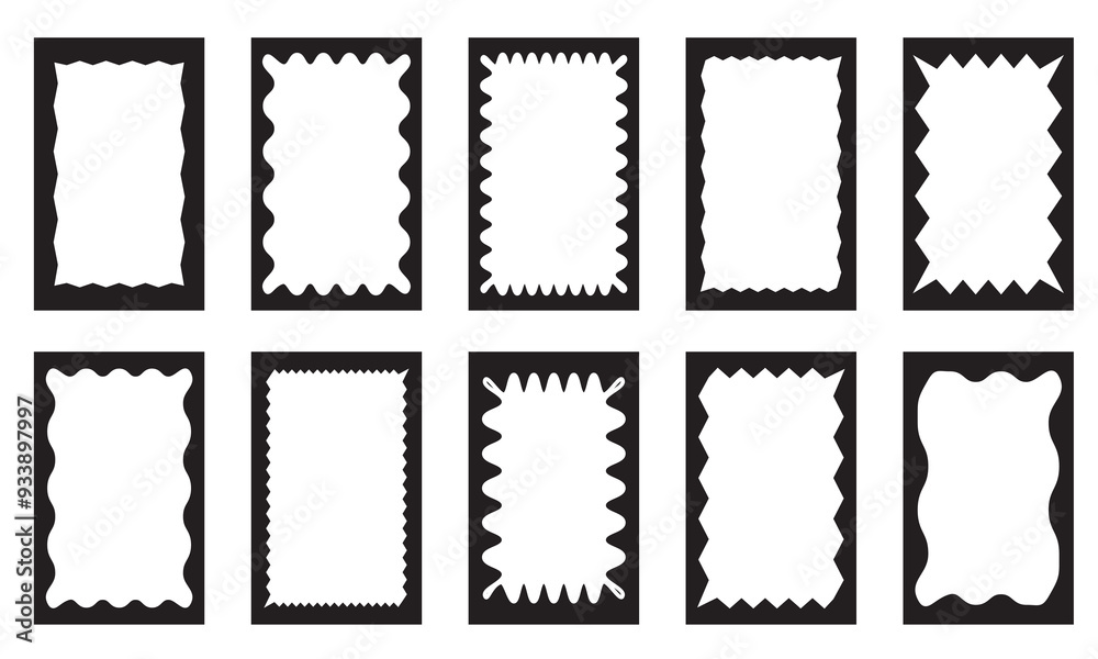 Black squiggle stories frames set. Zigzag wavy edges, retro scallop ...