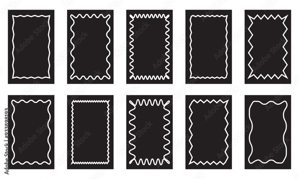 Black squiggle stories frames set. Zigzag wavy edges, retro scallop ...
