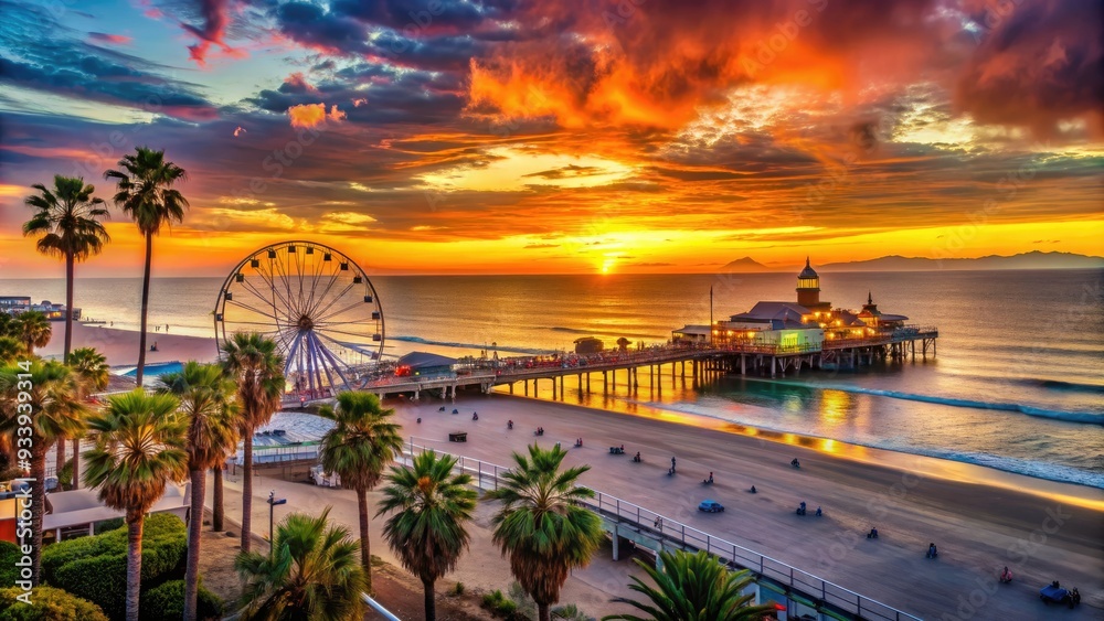 Vibrant sunset casts a warm glow over the iconic Santa Monica Pier ...