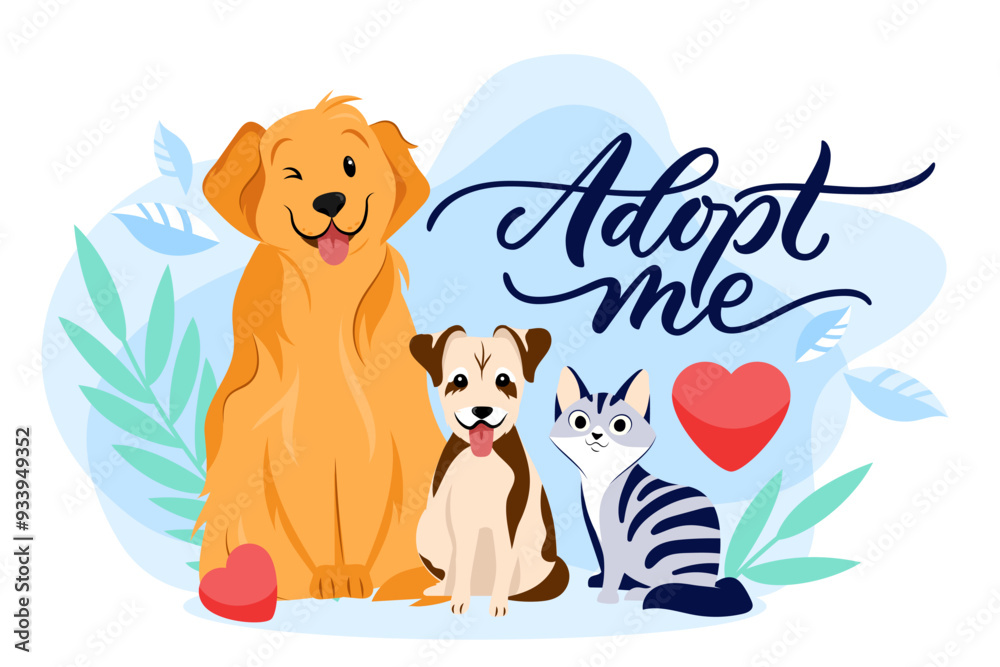 Dog and cat adoption banner poster design element and hand drawn ...