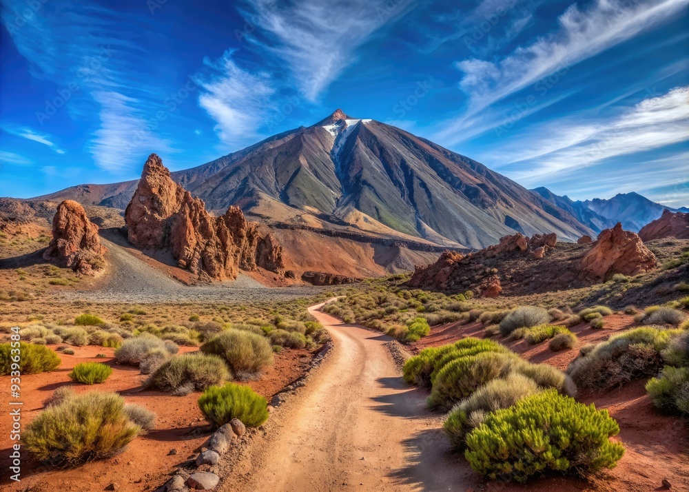 Volcanic path winds through rugged terrain, flanked by rocky formations ...