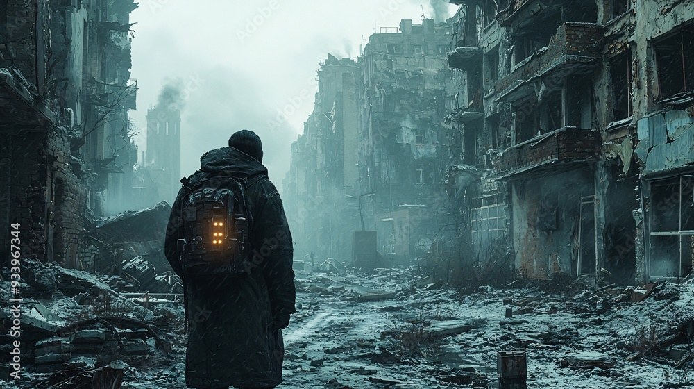 A human in a post-apocalyptic setting, their robotic arm glowing ...