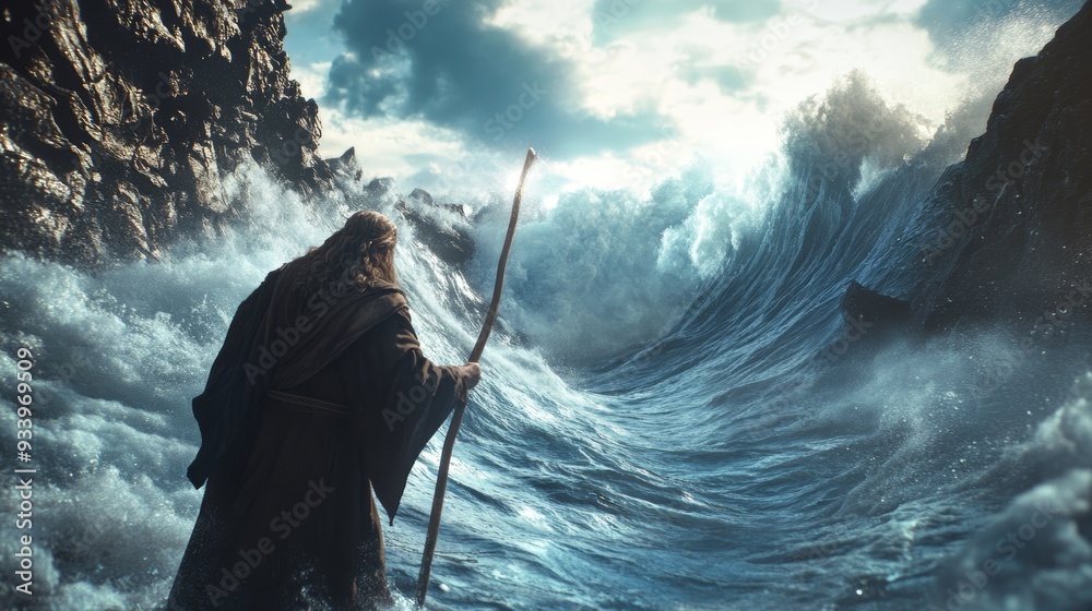 Moses parting the Red Sea, with towering walls of water on either side ...