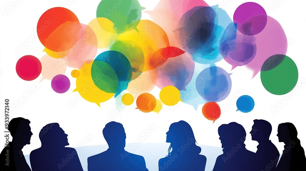 Group of diverse silhouettes engaging in lively discussion with ...