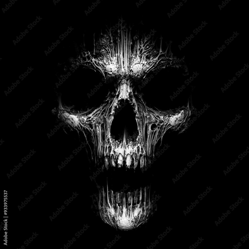 Spooky scary creepy ominous Halloween skull in total darkness isolated ...