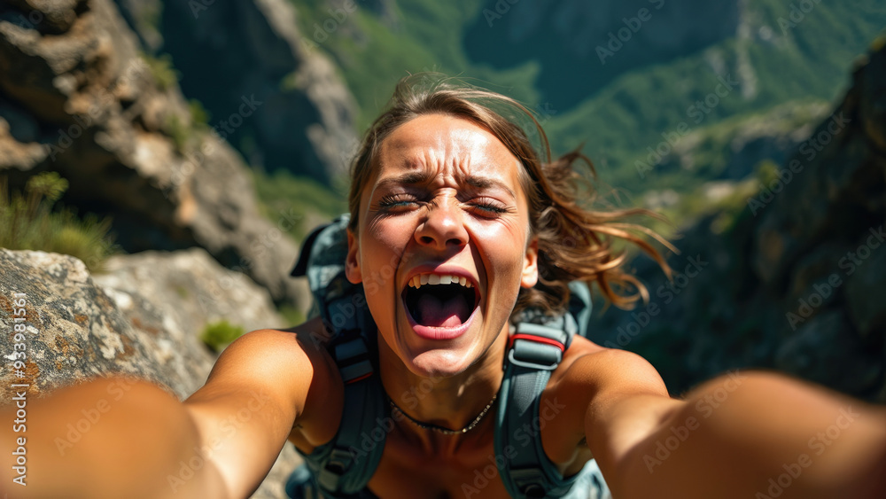 A woman captures a thrilling selfie on the edge of a mountain cliff ...
