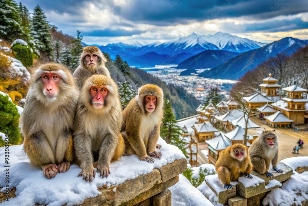Fluffy snow monkeys inhabit a scenic hillside park near Kyoto, offering ...