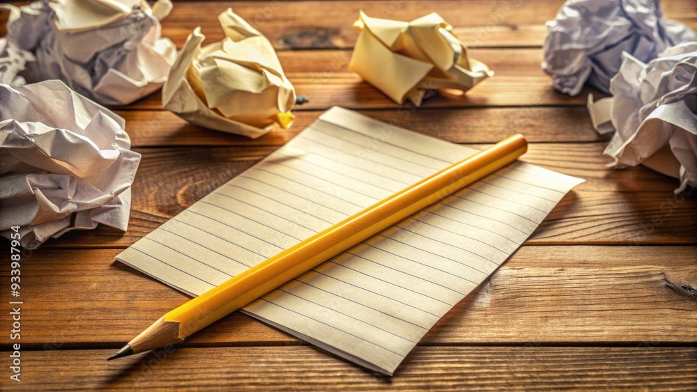 Yellow pencil lying across a messy stack of handwritten notes, scraps ...