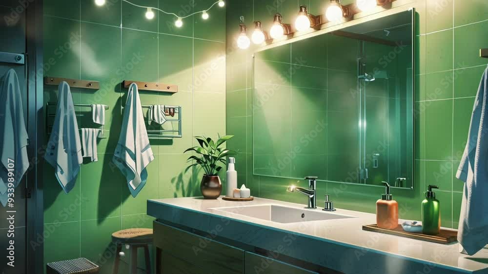 minimalist washing room with green walls, clear glass walls, cartoon or ...