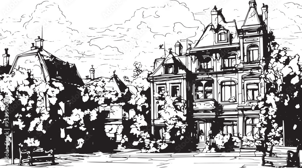 City landscape. Line urban backdrop. Skyline with clouds, different ...