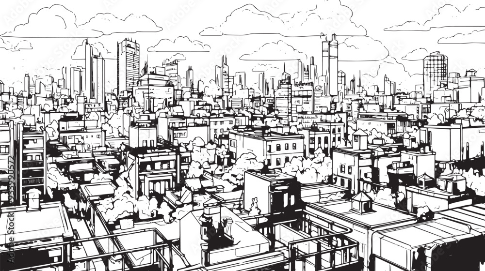 City landscape. Line urban backdrop. Skyline with clouds, different ...