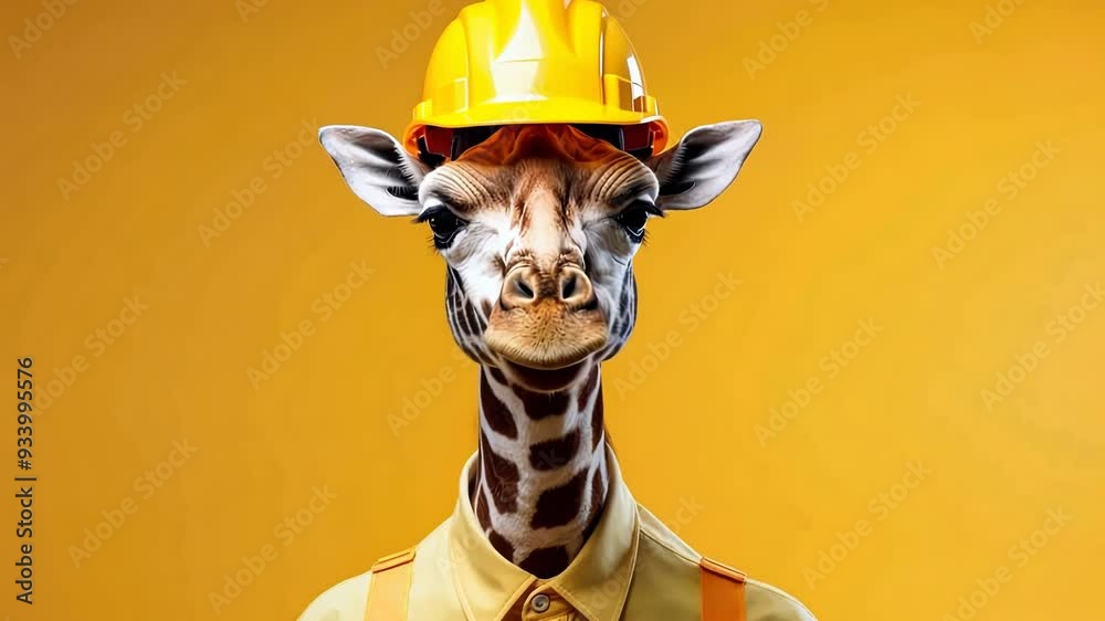 funny animal Giraffe dressed as builder in yellow helmet on yellow ...