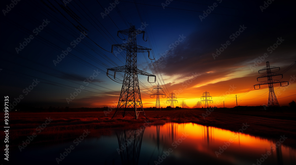 Silhouette of electricity pylons and high-voltage power lines on the ...