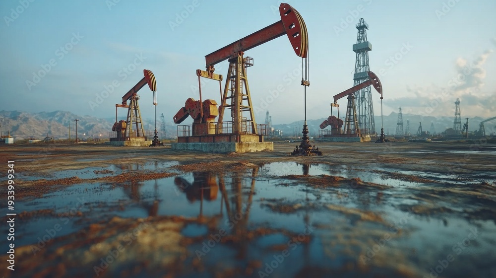 Oil rigs rise proudly from the ground as the sun begins to illuminate ...