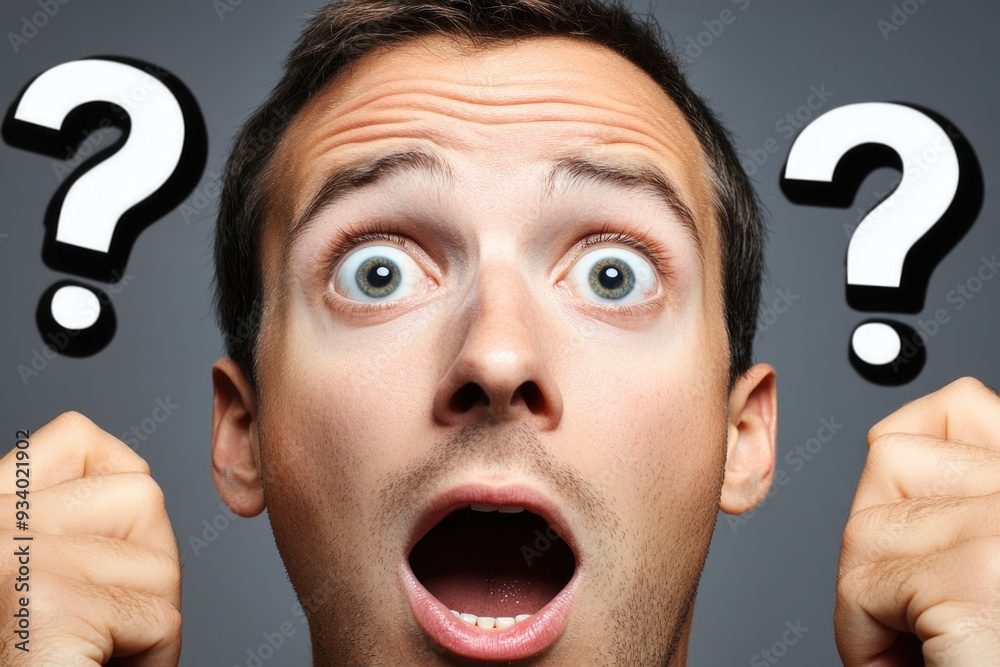 A shocked young man displays wide open eyes and mouth with question ...