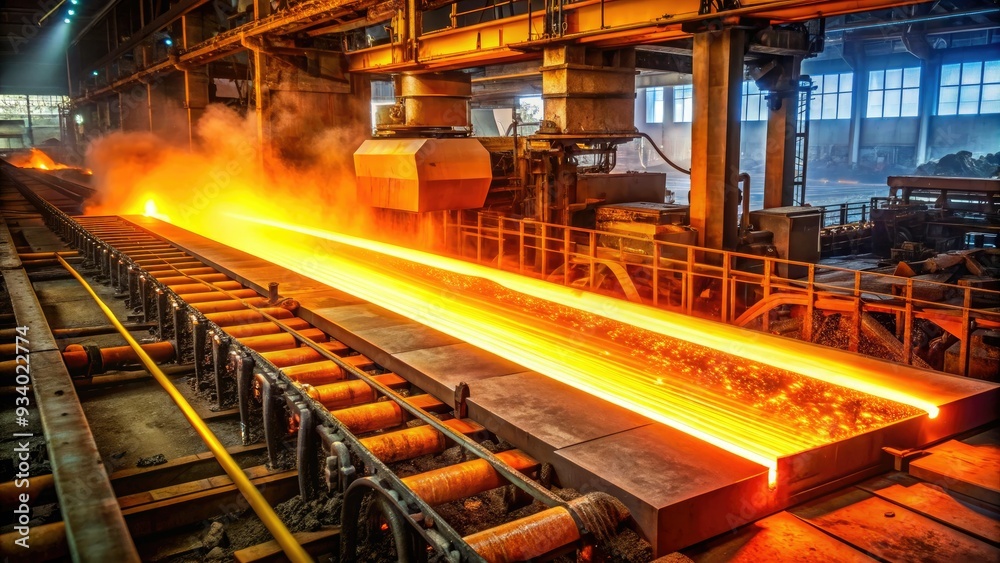 Glowing hot steel slab being rolled and shaped in a loud, fiery ...