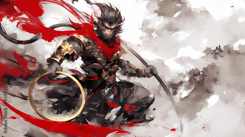 ynamic digital artwork of a warrior monkey in battle armor wielding a ...