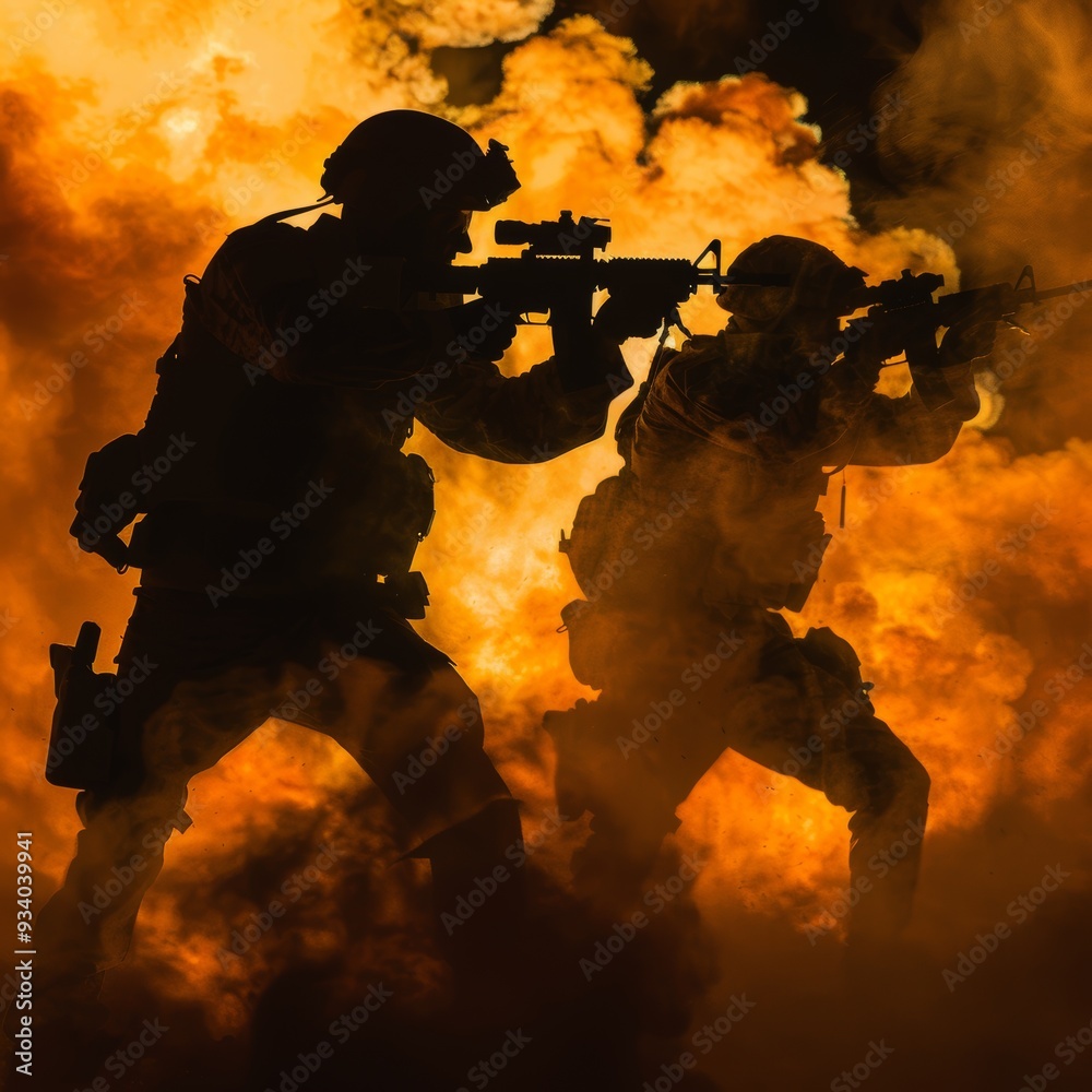 Silhouettes of two army soldiers, U.S. marines team in action ...