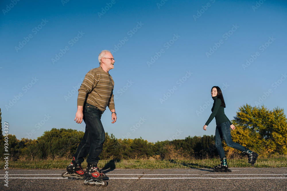 Parents and children spend time together. Older generation and sport ...