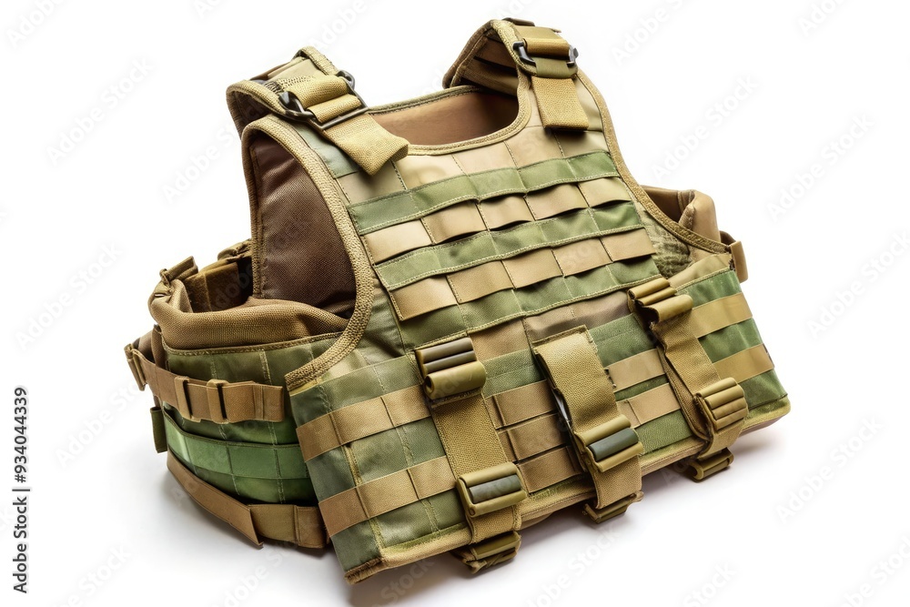 High-angled view of a modern tactical bulletproof vest lies flat on a ...