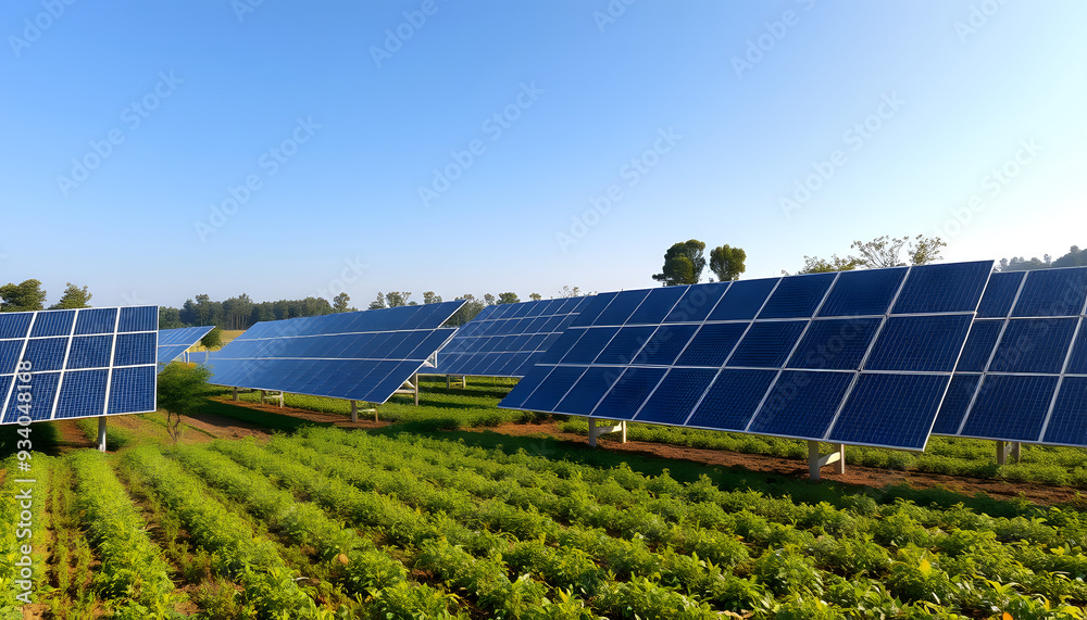Farmland enhanced with agrivoltaics, where solar panels are ...