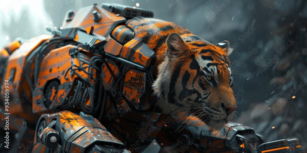 Tiger wearing mecha, looking at a cross, diagonal composition, profle ...