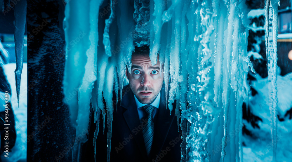 The image depicts a frightened businessman wearing a black suit and tie ...
