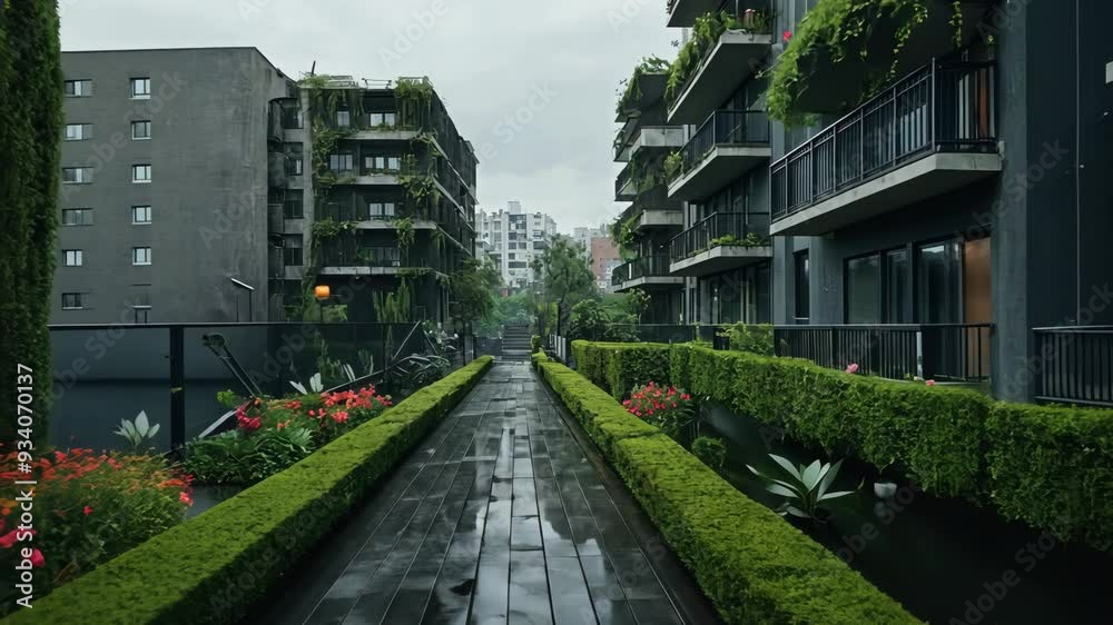 Video footage of modern urban residential area with a focus on green ...