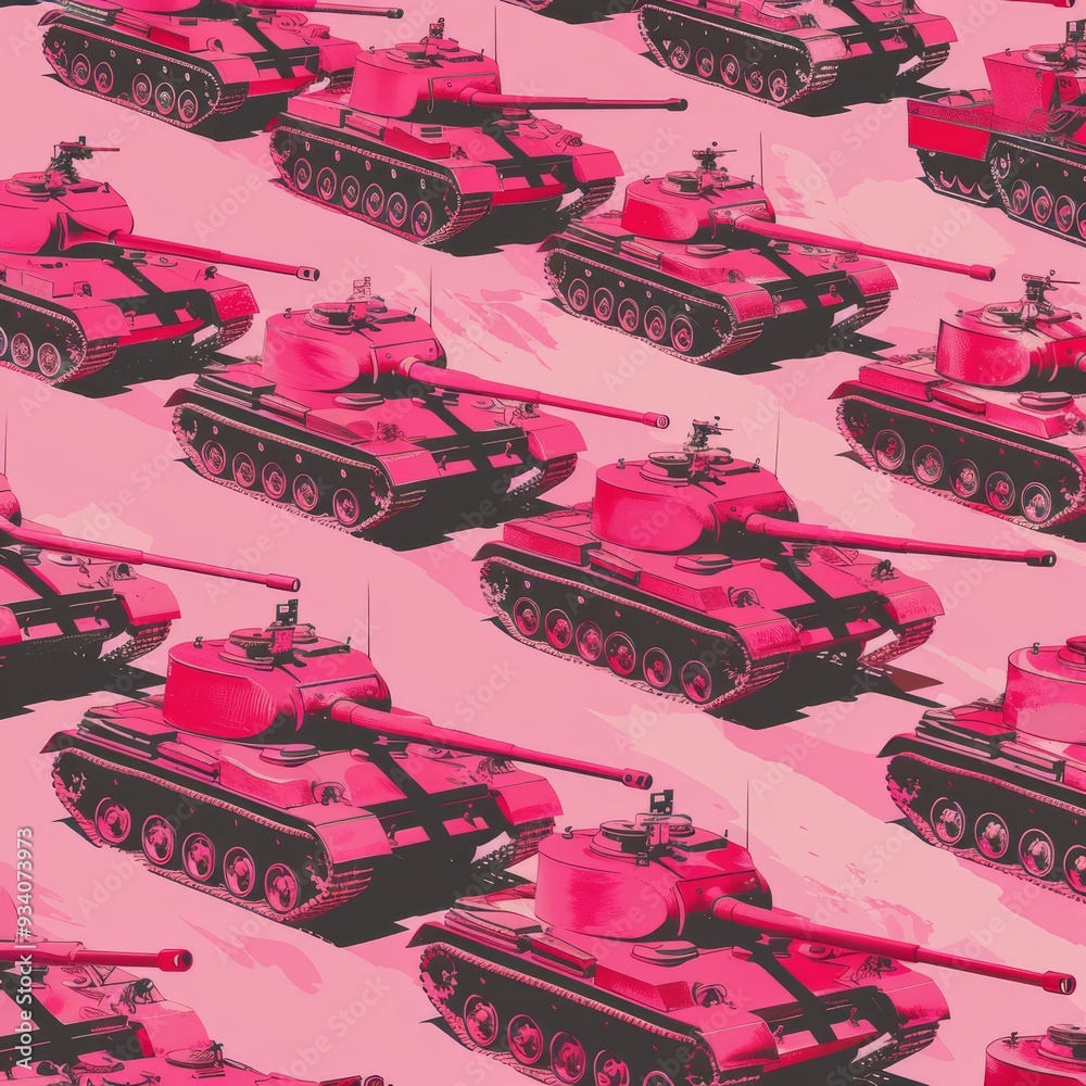 "Pink tanks in a bold war pattern, strategically pointing in various ...