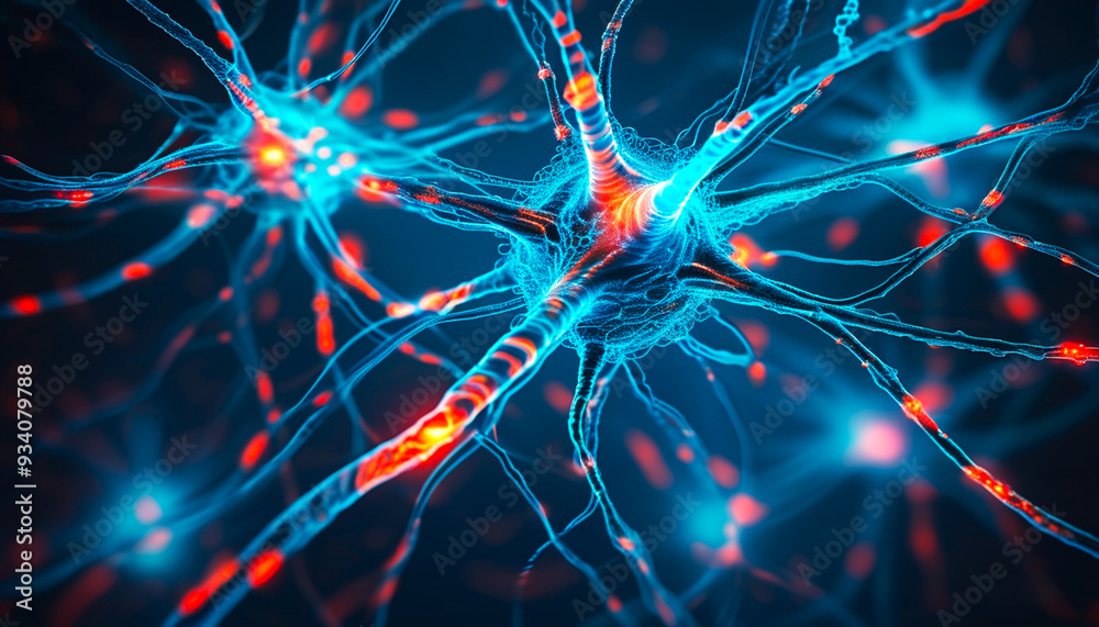 Glowing Neural Network Pattern With Pulsing Light Nodes On A Deep Blue Background Stock