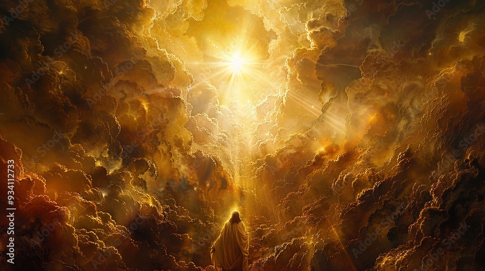 A figure is depicted ascending towards a radiant celestial light in a ...