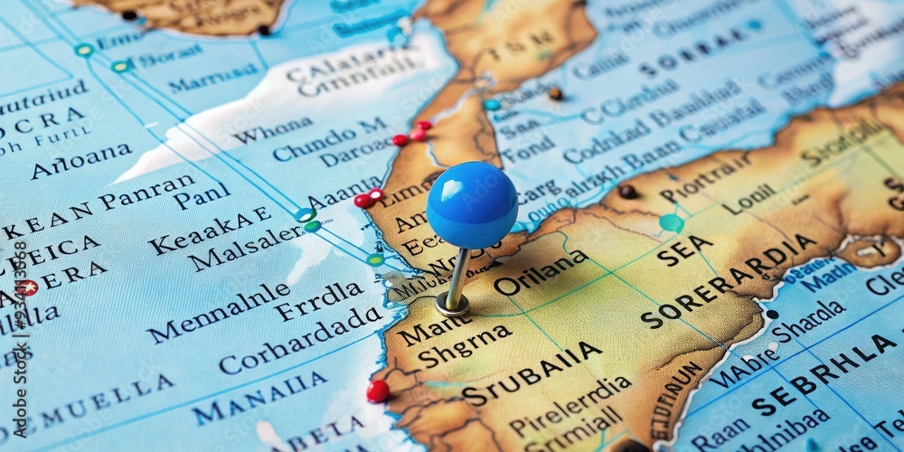 Macro of a light blue pin marking Berbera city on a detailed political ...